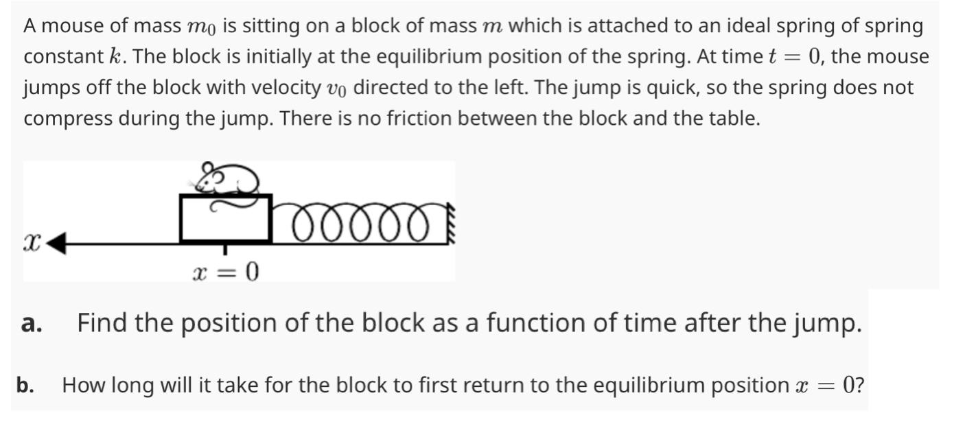 Solved A mouse of mass m0 is sitting on a block of mass m | Chegg.com