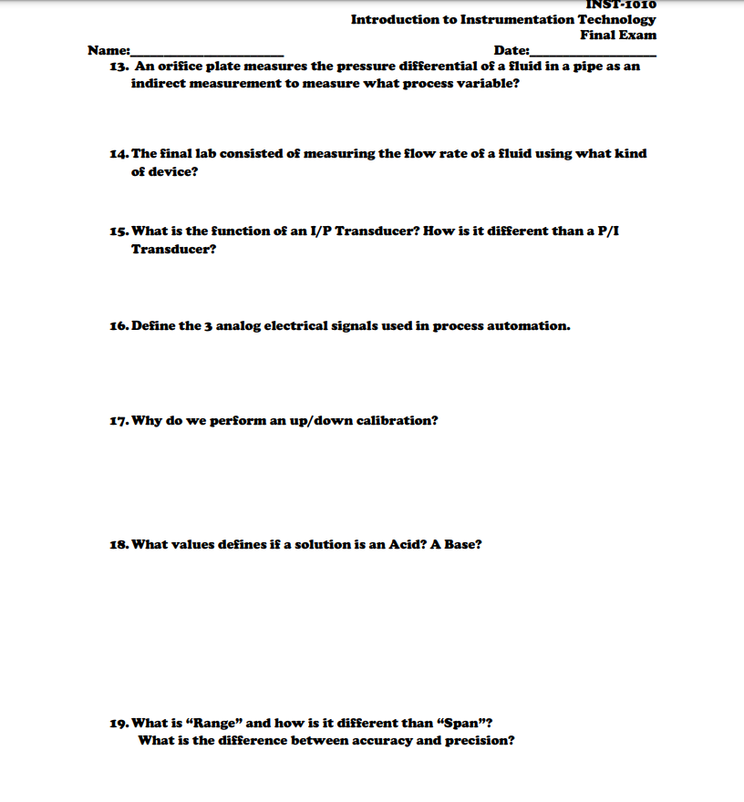 Solved Name: Final Exam 13. An orifice plate measures the | Chegg.com