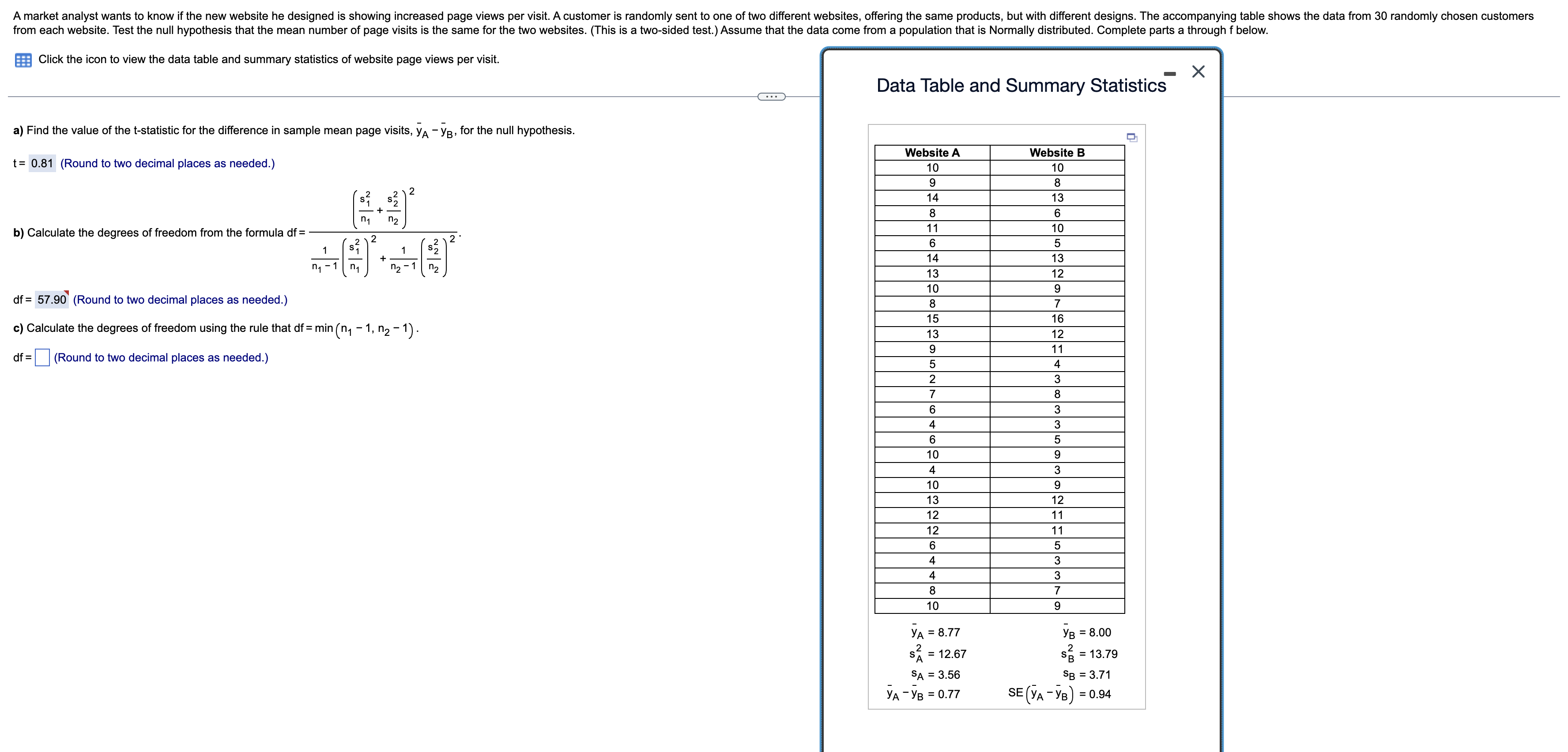 Solved Data Table and Summary Statistics a) Find the value | Chegg.com
