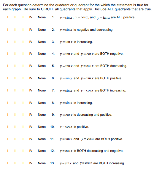 Solved For each question determine the quadrant or quadrant | Chegg.com
