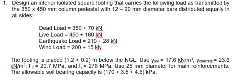 Solved 1. Design an interior isolated square footing that | Chegg.com