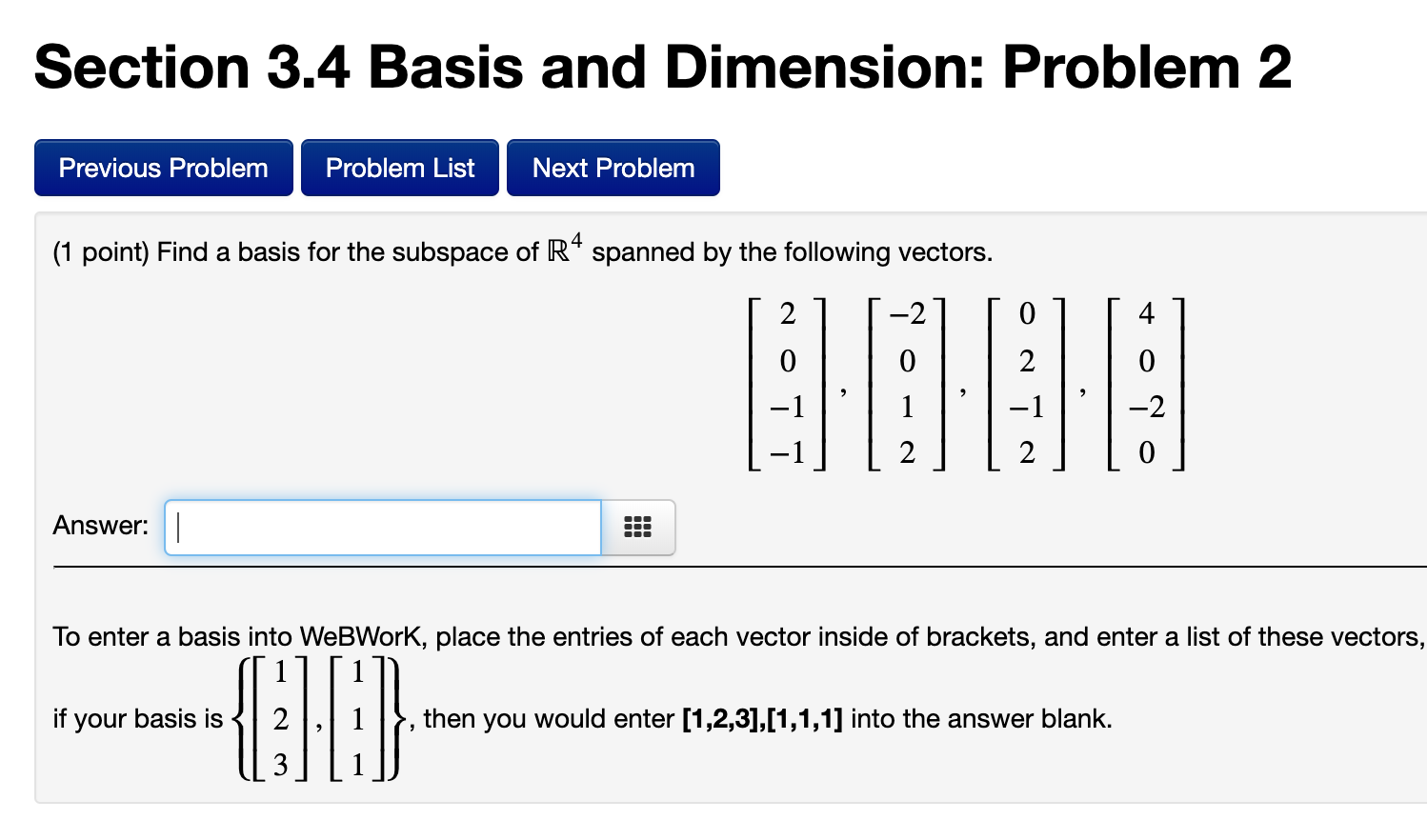 Solved Section 3.4 Basis and Dimension: Problem 2 Previous | Chegg.com
