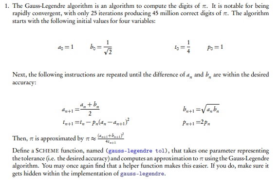 1. The Gauss-Legendre algorithm is an algorithm to | Chegg.com