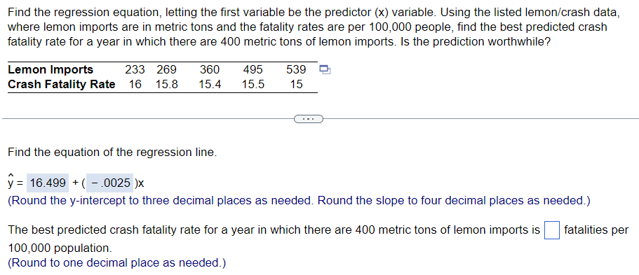Solved Find The Regression Equation Letting The First 