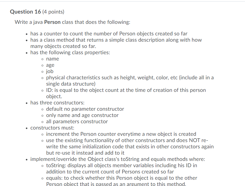 Solved Question 16 (4 points) Write a java Person class that | Chegg.com