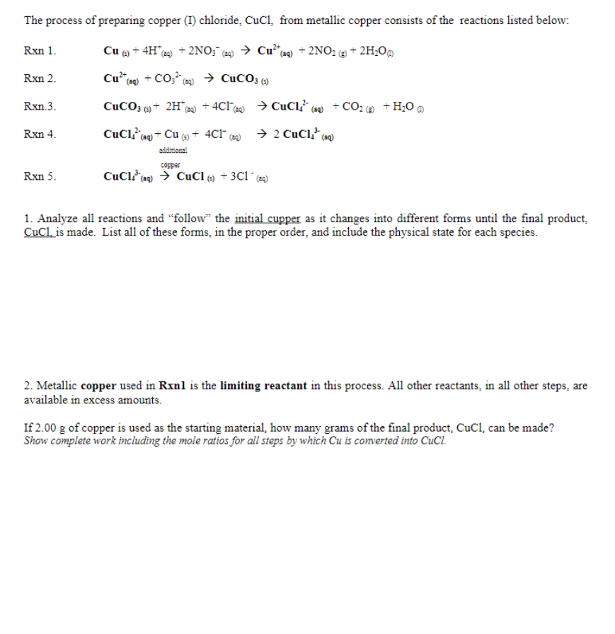 Solved The process of preparing copper (1) chloride, Cuci, | Chegg.com