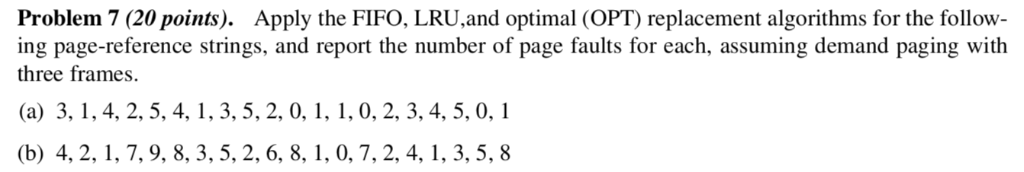 Solved Problem 7 (20 points). Apply the FIFO, LRU,and | Chegg.com