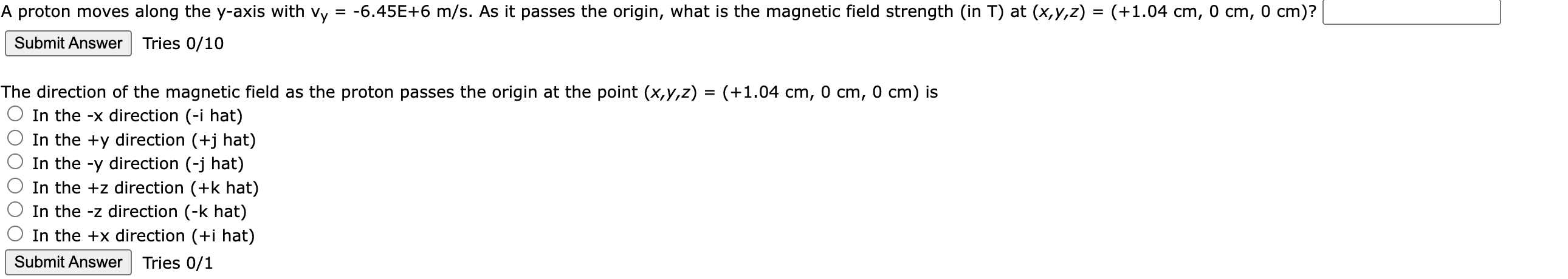 Solved proton moves along the y-axis with vy=−6.45E+6 m/s. | Chegg.com