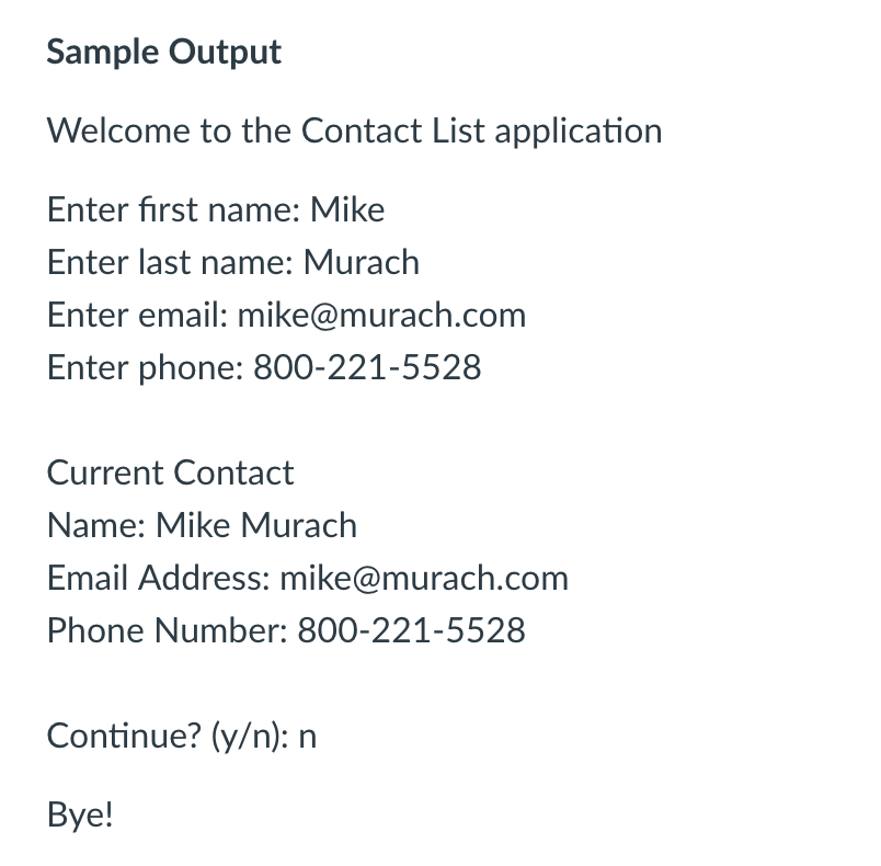 Solved Sample Output Welcome to the Contact List application | Chegg.com