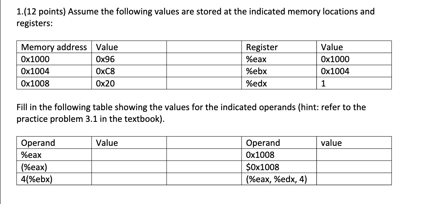 Solved 1.(12 points) Assume the following values are stored | Chegg.com