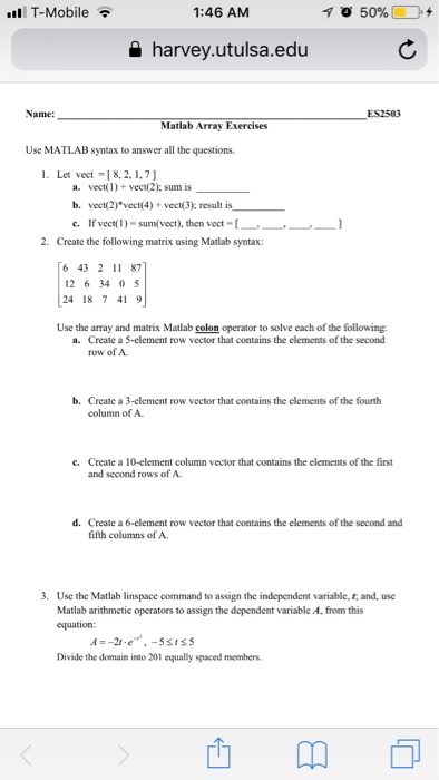 Solved l T-Mobile 1:46 AM a harvey.utulsa.edu Name: ES2503 | Chegg.com