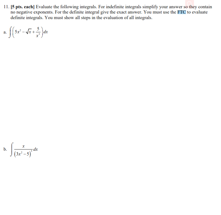 Solved 11. [5 pts. each] Evaluate the following integrals. | Chegg.com