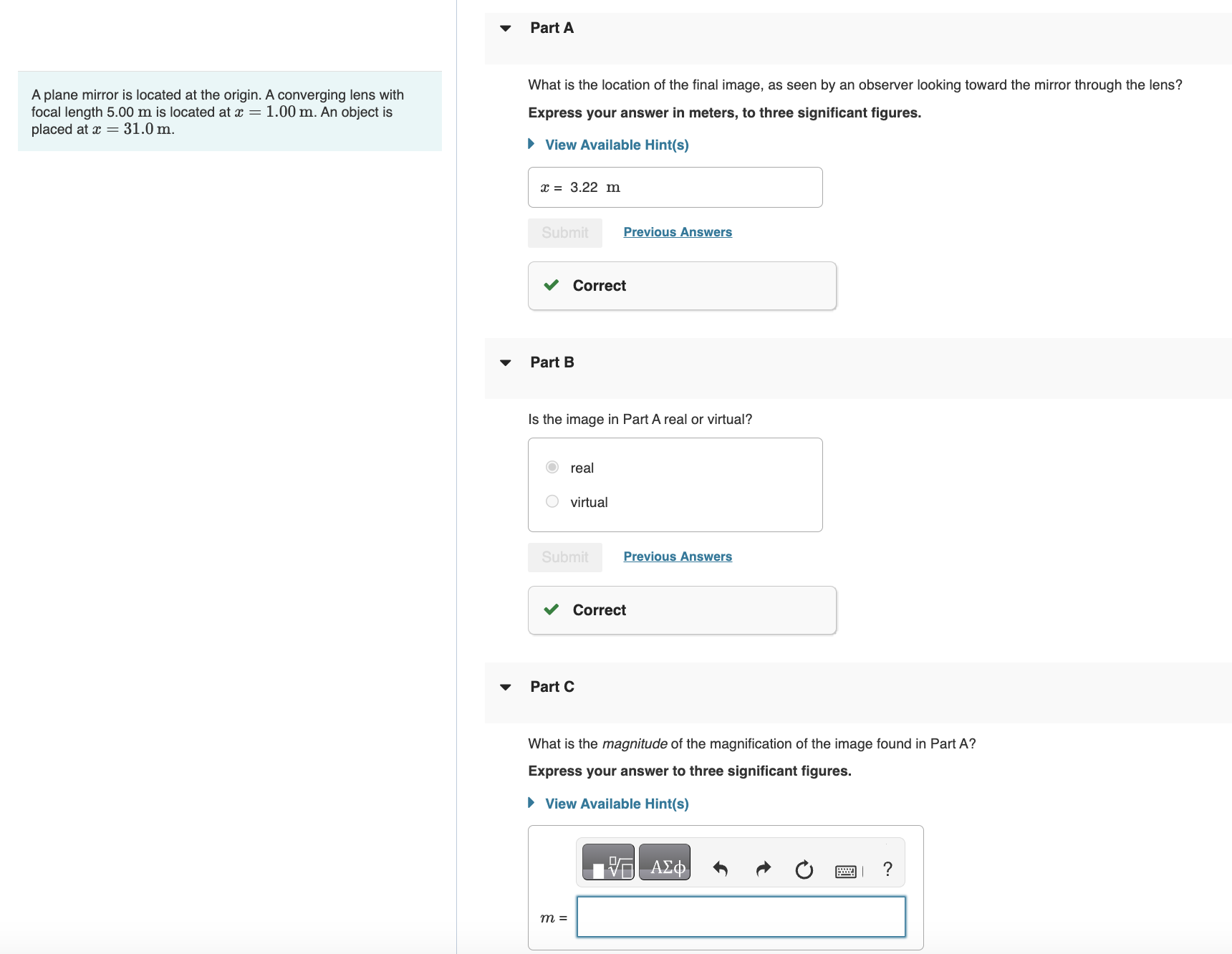 Solved A plane mirror is located at the origin. A converging | Chegg.com