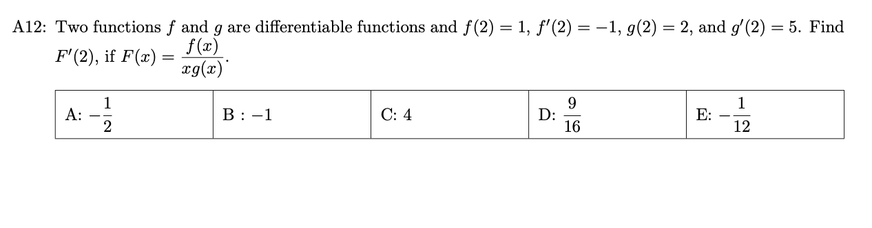 Solved 12: Two functions f and g are differentiable | Chegg.com