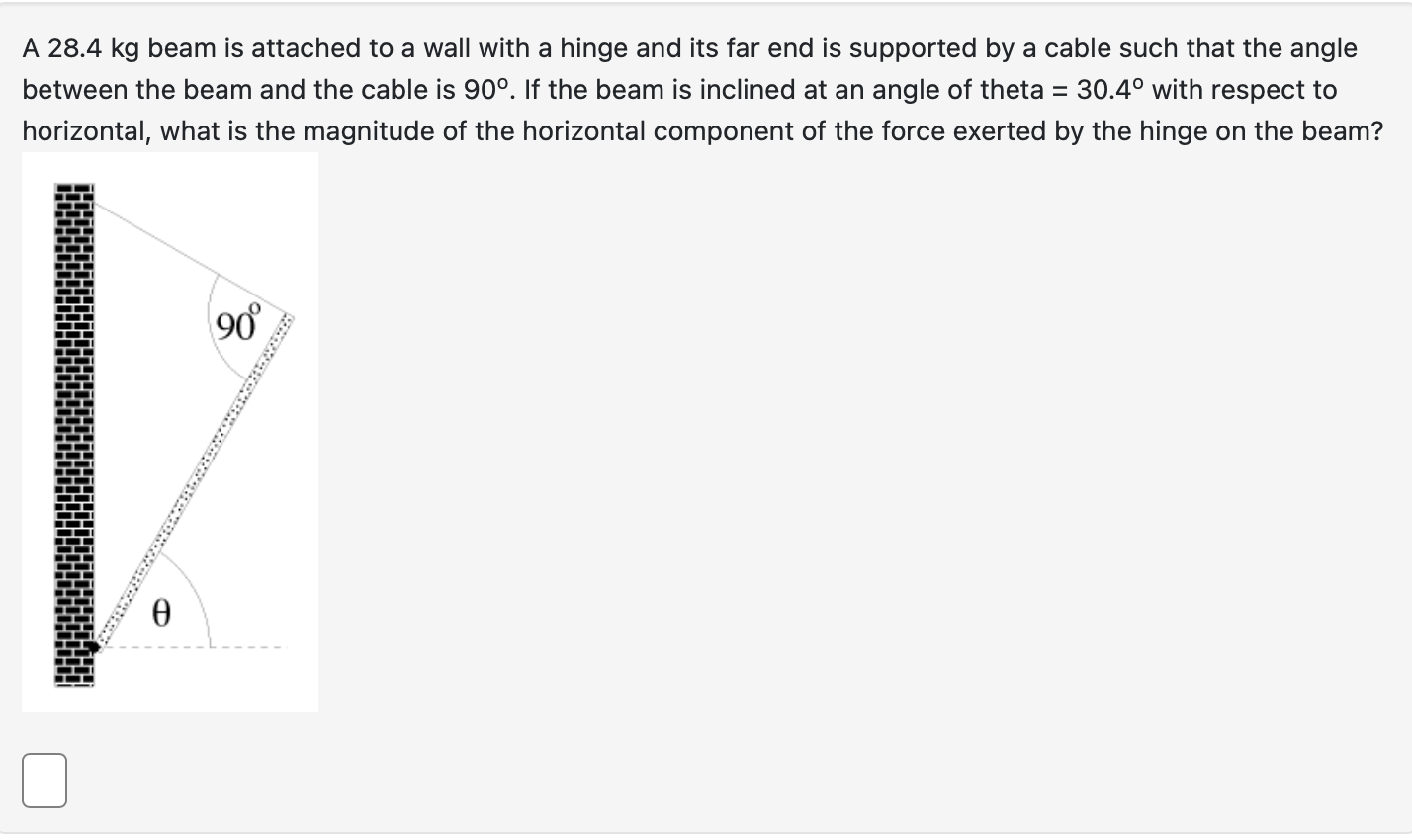 Solved A 28.4kg ﻿beam is attached to a wall with a hinge and | Chegg.com