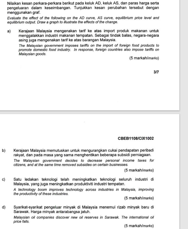 Solved Nilaikan kesan perkara-perkara berikut pada keluk AD, | Chegg.com