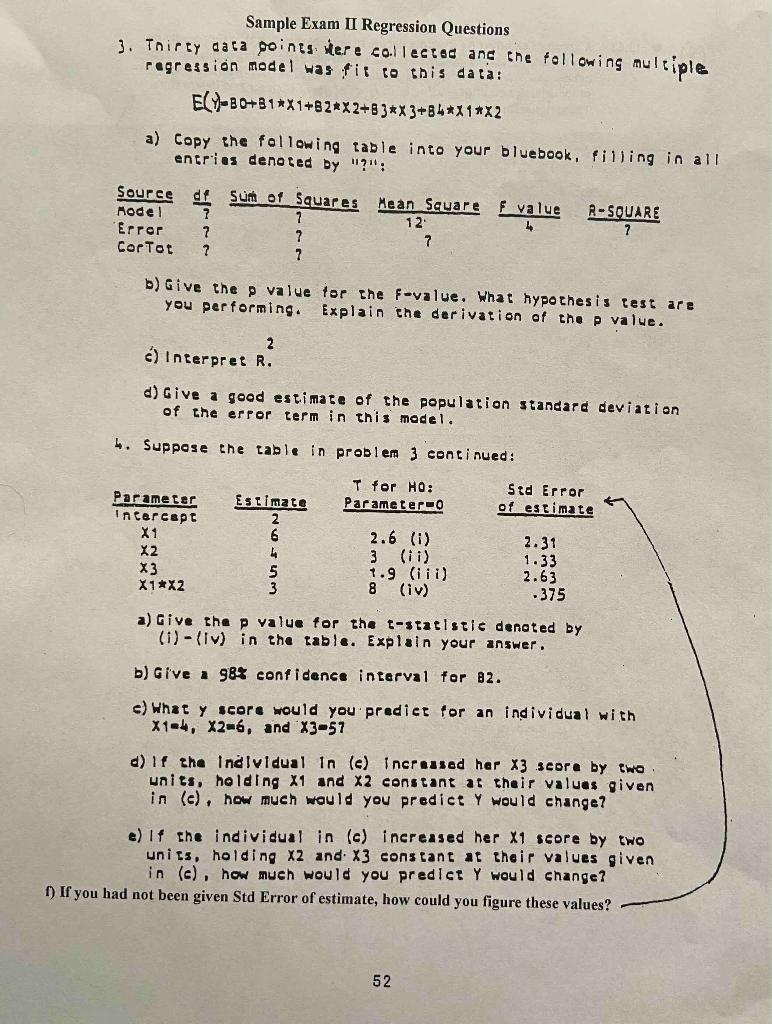 Sample Exam II Regression Questions 3. Tnirty data | Chegg.com