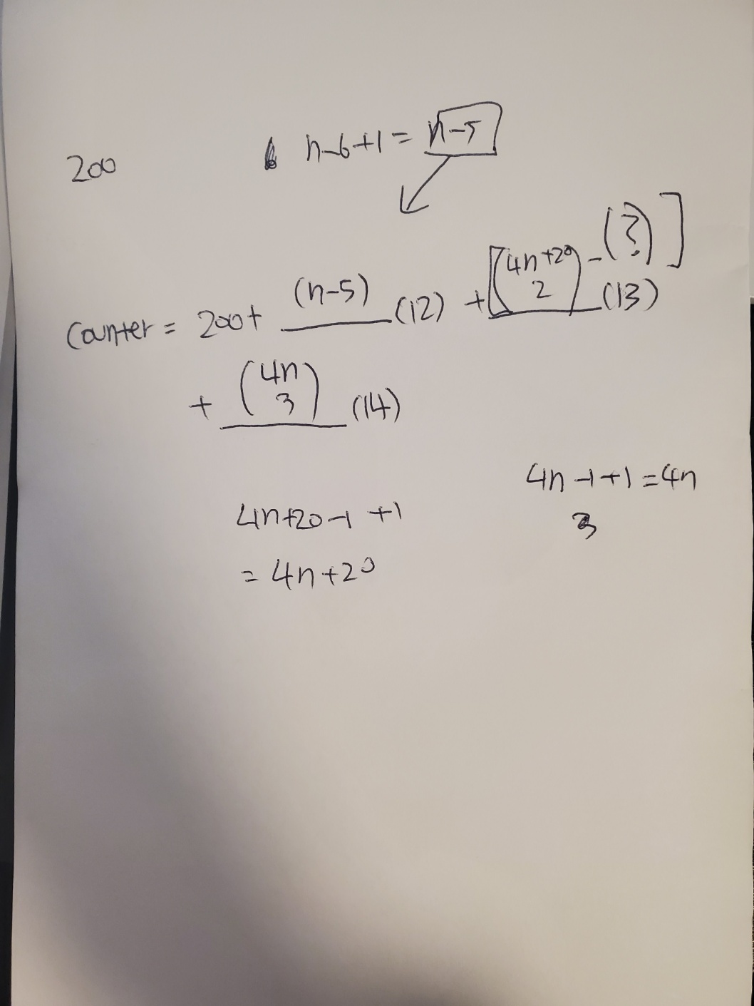 Solved 4n−1+1=4ncounter =200 for i=6 to n counter = counter | Chegg.com