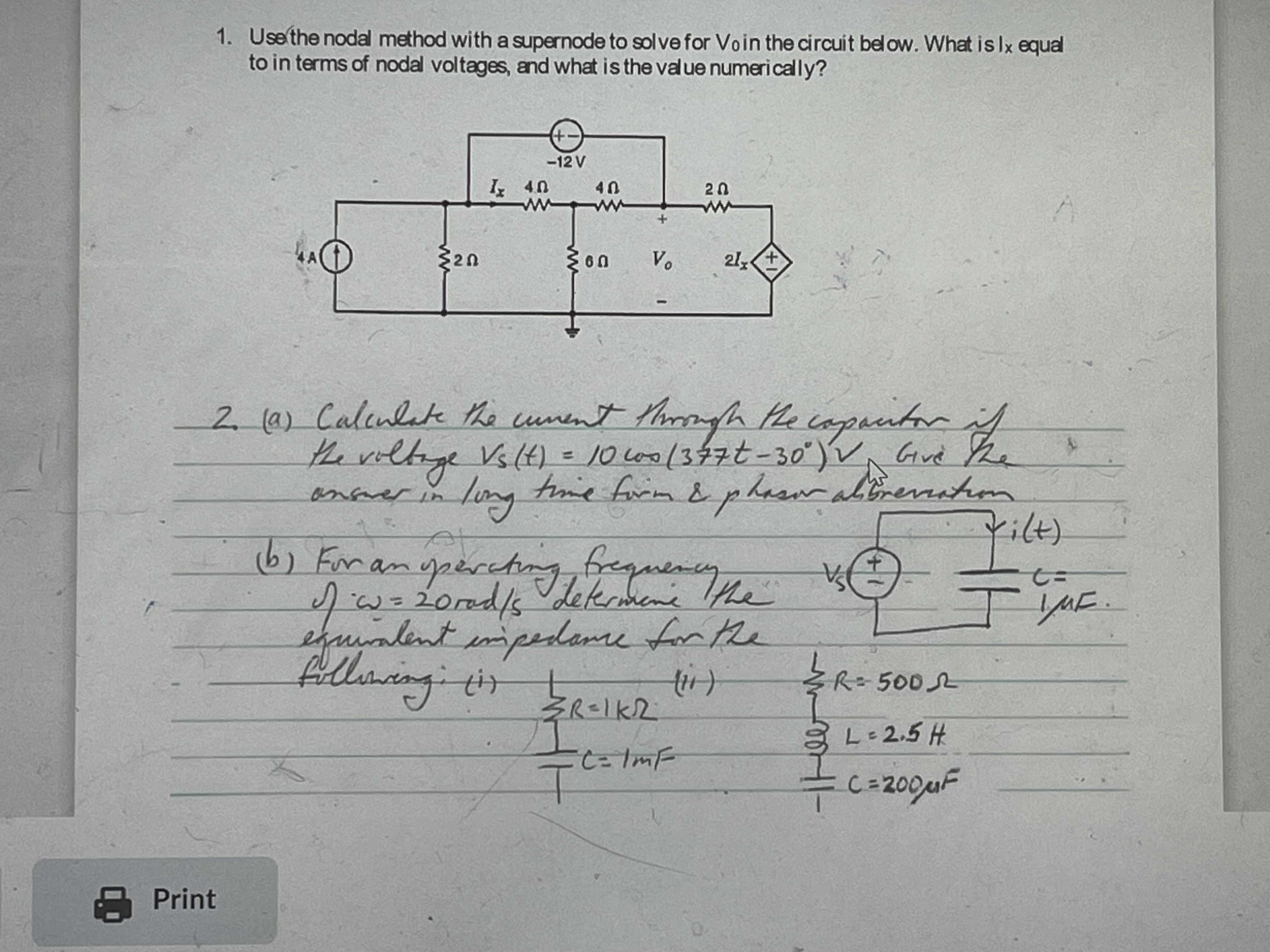 Solved 1. Userthe nodal method with a supernode to solve for | Chegg.com