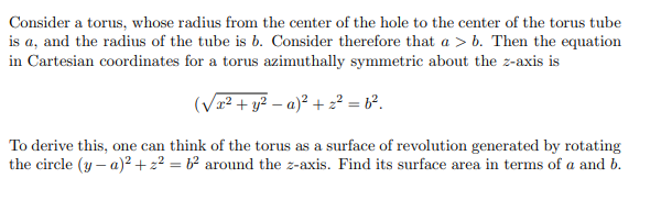 Solved Consider a torus, whose radius from the center of the | Chegg.com