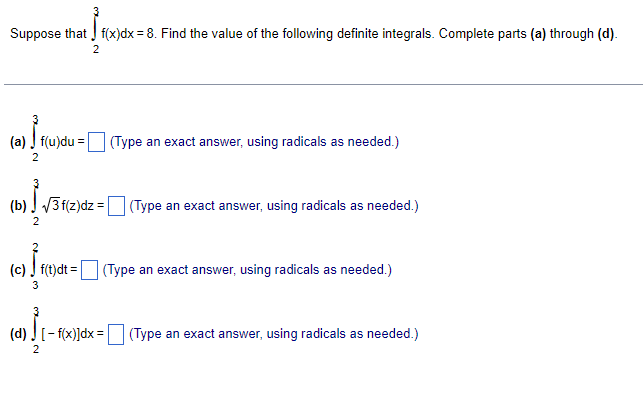 Solved Suppose that ∫23f(x)dx=8. ﻿Find the value of the | Chegg.com