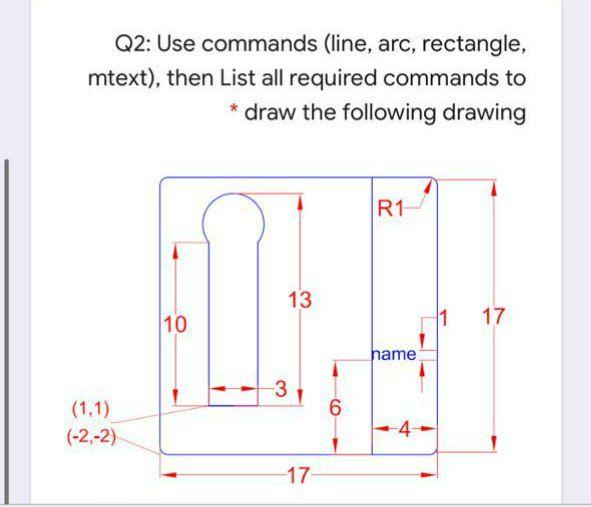 Solved Q2: Use commands (line, arc, rectangle, mtext), then | Chegg.com