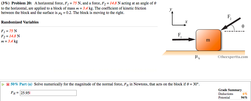 Solved 3 Problem 20 A Horizontal Force F1 75 N And A