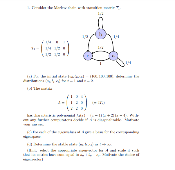 Solved 1. Consider the Markov chain with transition matrix | Chegg.com