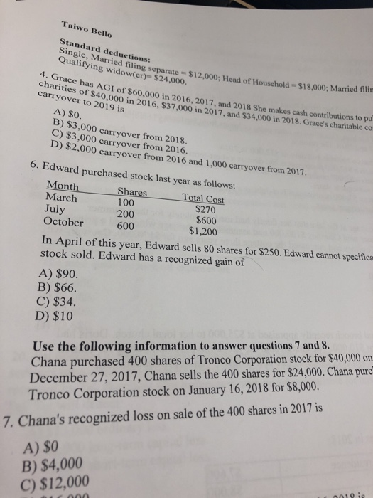 Solved Taiwo Bello Standard deductions: Single, Married | Chegg.com