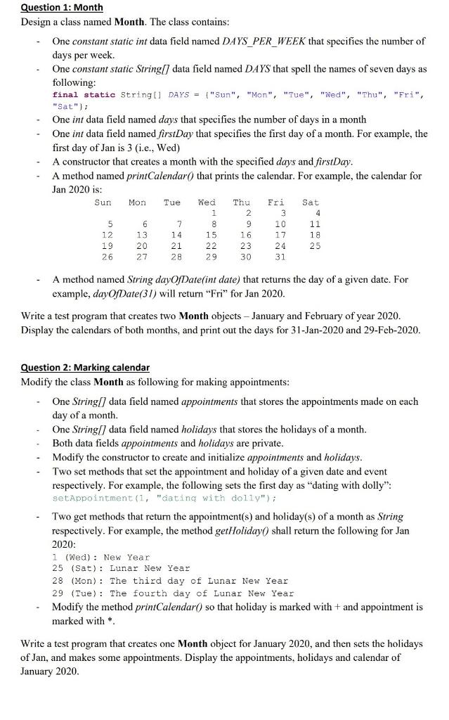 Solved Question 1: Month Design a class named Month. The | Chegg.com