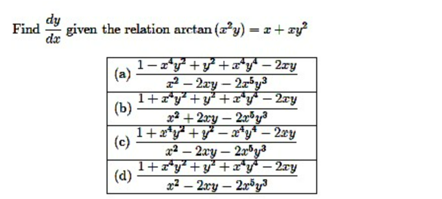 Solved Find dxdy given the relation arctan(x2y)=x+xy2 | Chegg.com
