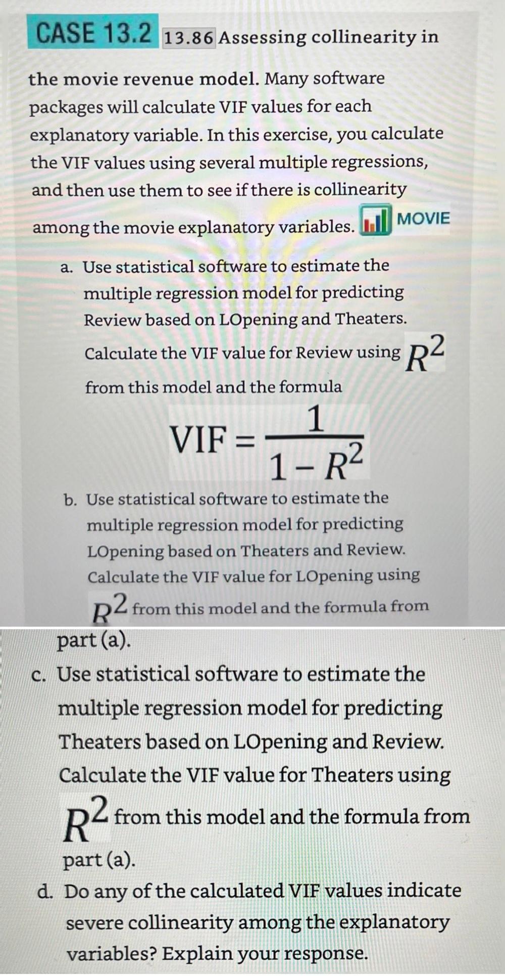 Solved GASE 13.213 .86 Assessing collinearity in the movie | Chegg.com