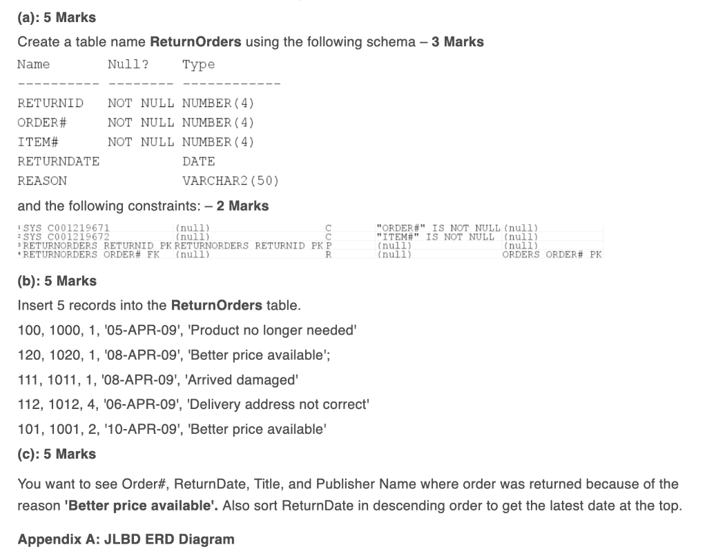 Solved (a): 5 Marks Create a table name ReturnOrders using | Chegg.com