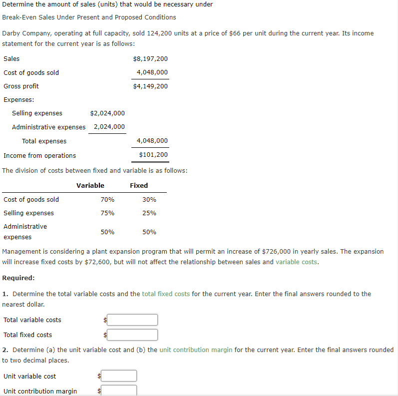 Solved Determine the amount of sales (units) that would be | Chegg.com