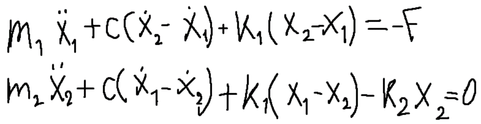 Solved m1x¨1+c(x˙2−x˙1)+K1(x2−x1)=−Fm2x¨2+c(x˙1−x˙2)+K1(x1−x | Chegg.com