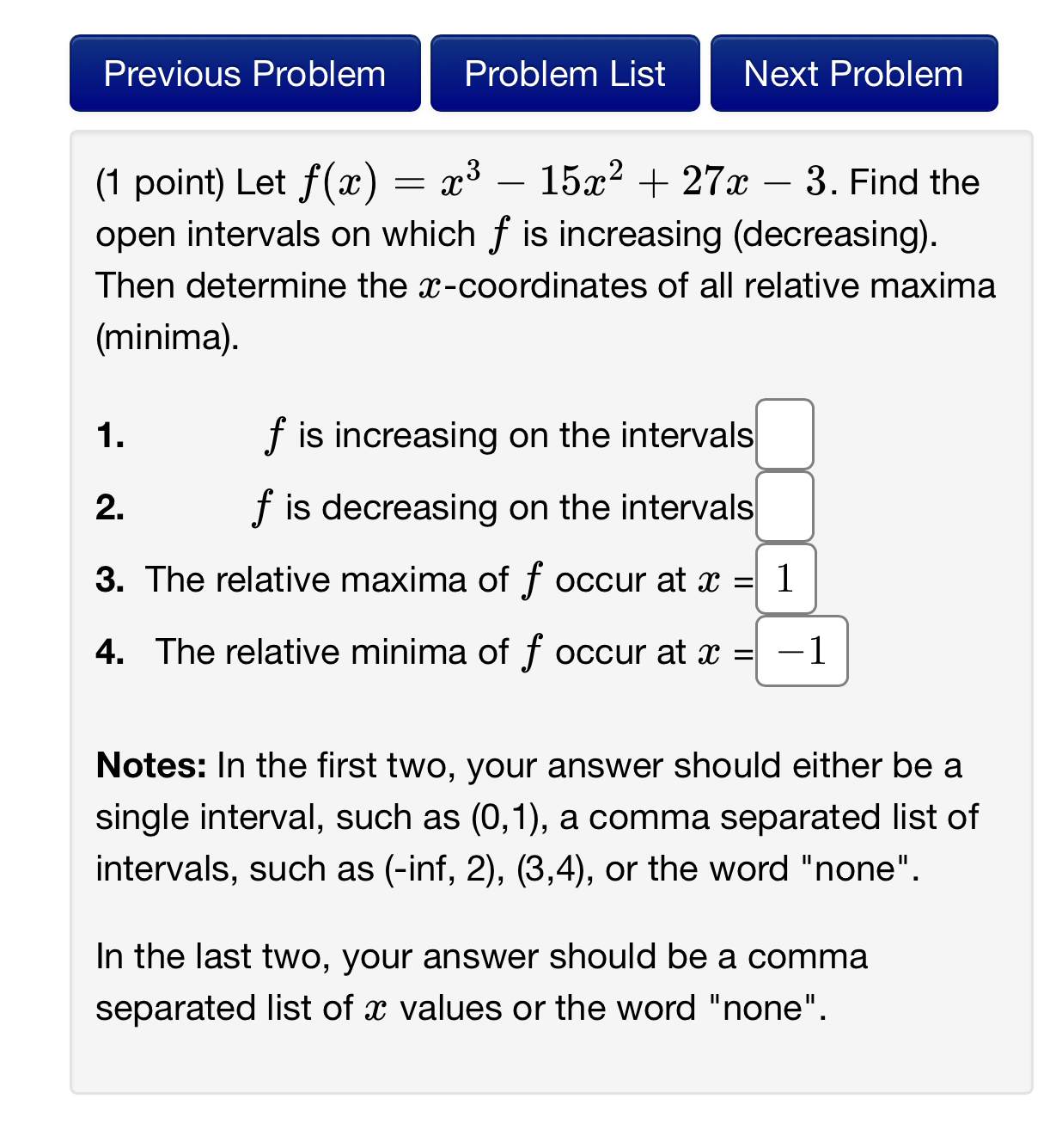 Solved (1 point) NOTE: When using interval notation in | Chegg.com