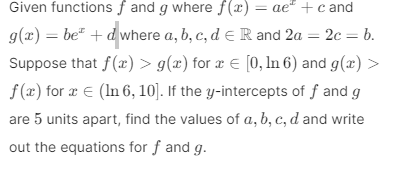 Solved Given functions f ﻿and g ﻿where f(x)=aex+c | Chegg.com