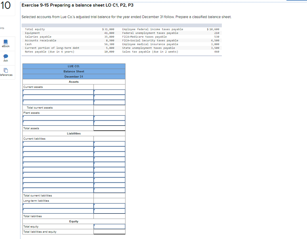 Solved 10 Exercise 9 15 Preparing A Balance Sheet LO C1 P2 Chegg