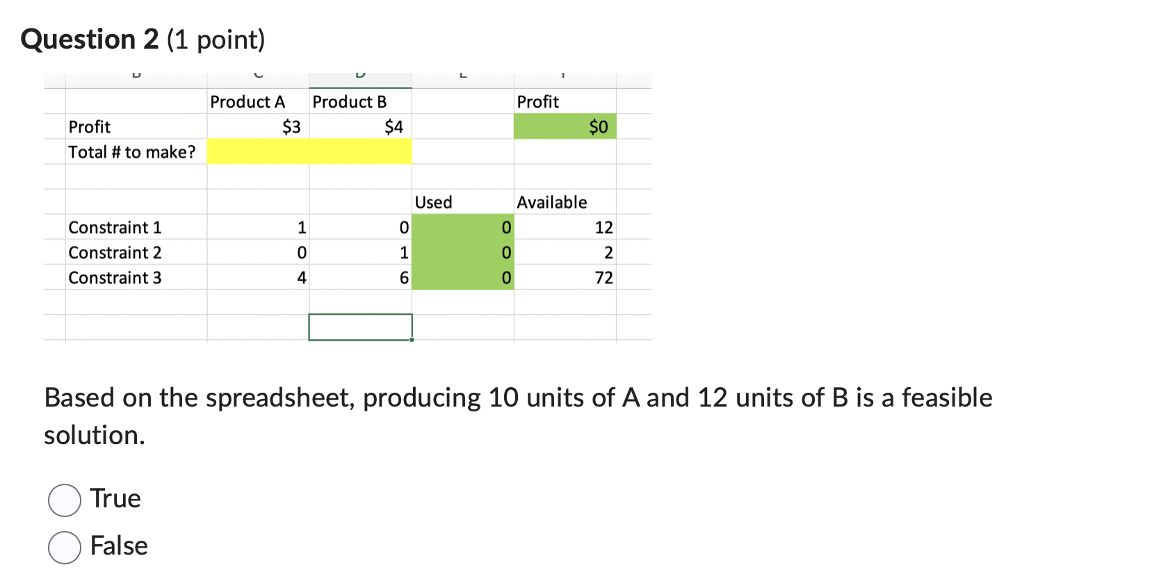 Solved Question 2 (1 point) Based on the spreadsheet, | Chegg.com