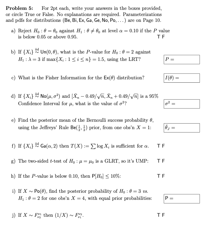 Problem 5: For 2pt each, write your answers in the | Chegg.com
