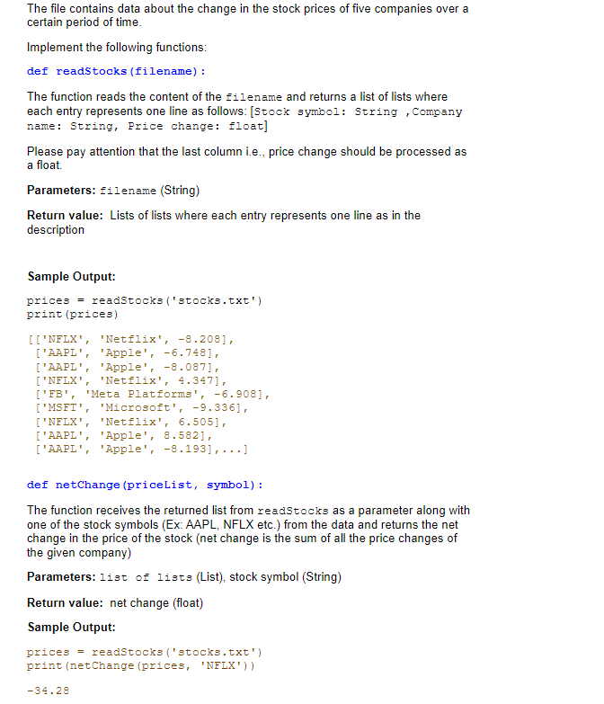 Solved The file contains data about the change in the stock | Chegg.com