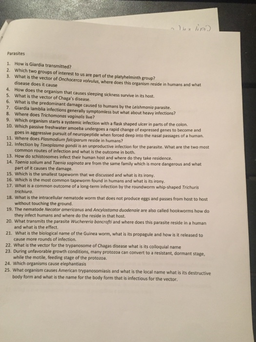 Solved Parasites 1. How is Giardia transmitted? 2. Which two | Chegg.com