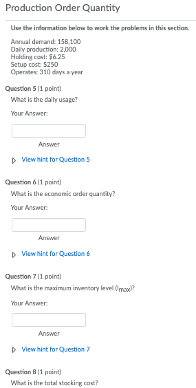 Solved Production Order Quantity Use the information below | Chegg.com