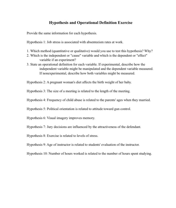 Solved Hypothesis and Operational Definition Exercise | Chegg.com
