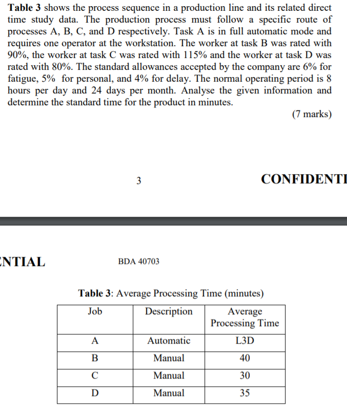 Solved Table 3 shows the process sequence in a production | Chegg.com