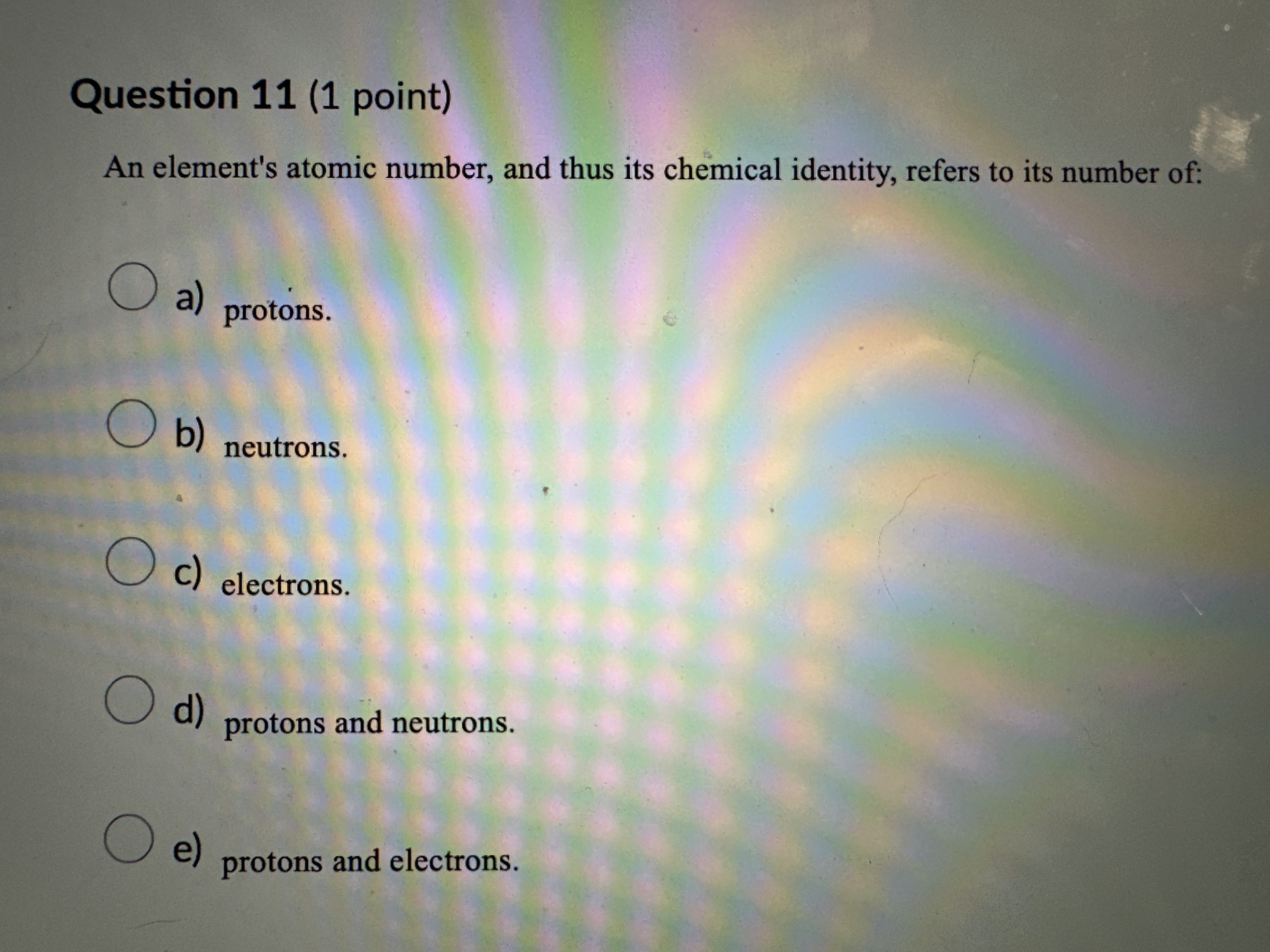 Solved Question 11 (1 ﻿point)An element's atomic number, and | Chegg.com