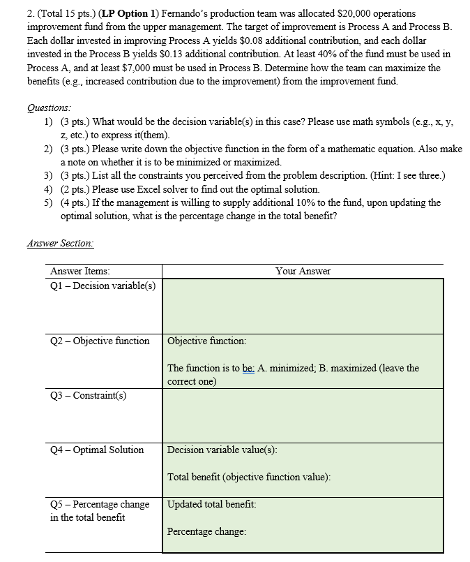 Solved 2. (Total 15 pts.) (LP Option 1) Fernando's | Chegg.com