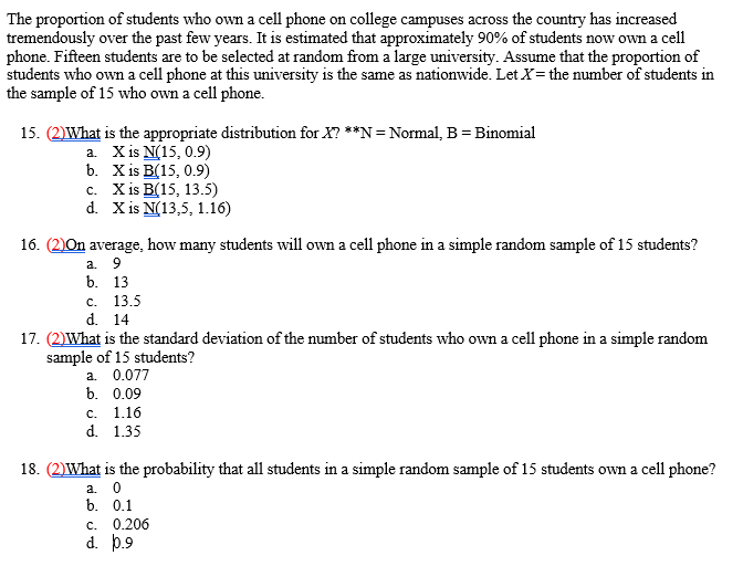 Solved The proportion of students who own a cell phone on | Chegg.com