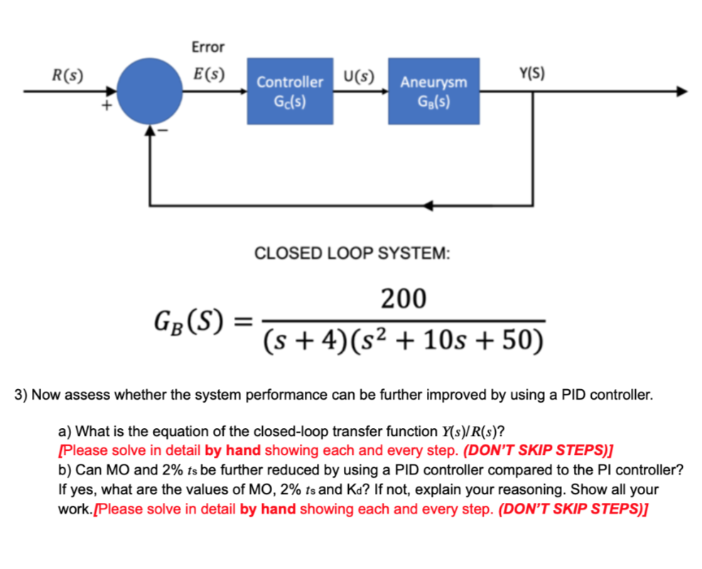 Solved CLOSED LOOP SYSTEM: GB(S)=(s+4)(s2+10s+50)200 3) Now | Chegg.com