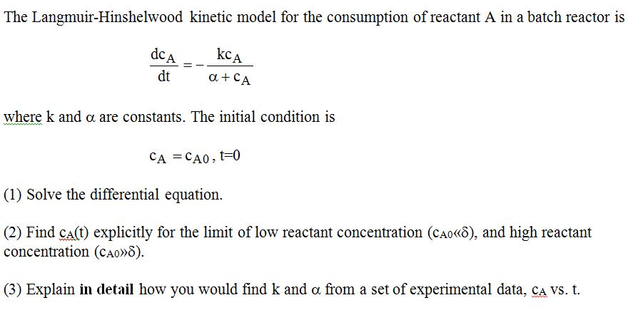 Solved The Langmuir-Hinshelwood kinetic model for the | Chegg.com